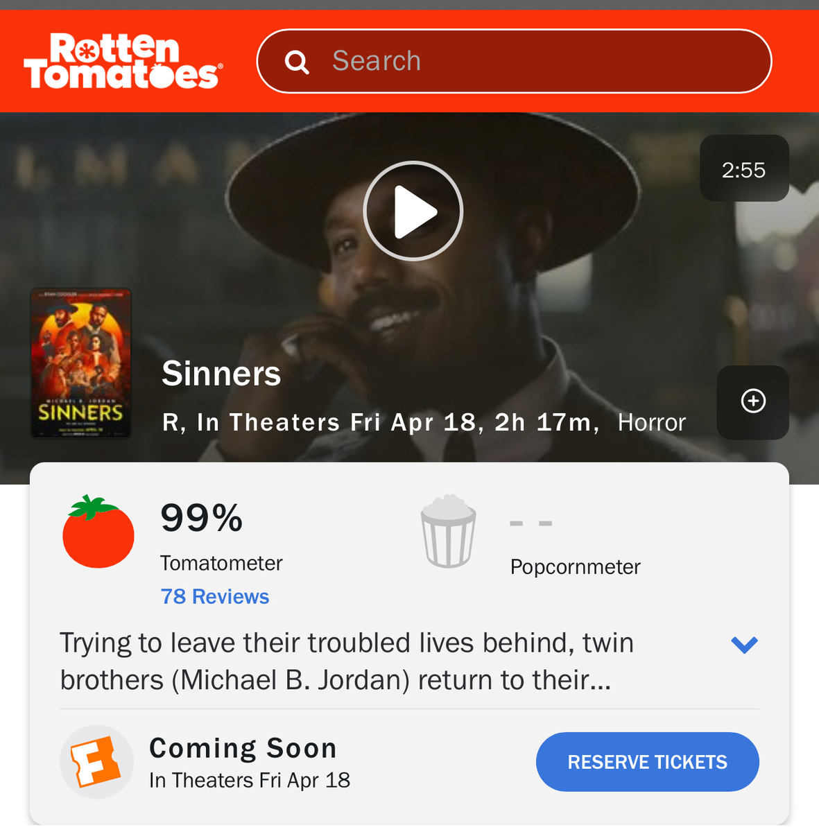 Sinners falls to a 99% on Rotten Tomatoes after 78 reviews and is ...